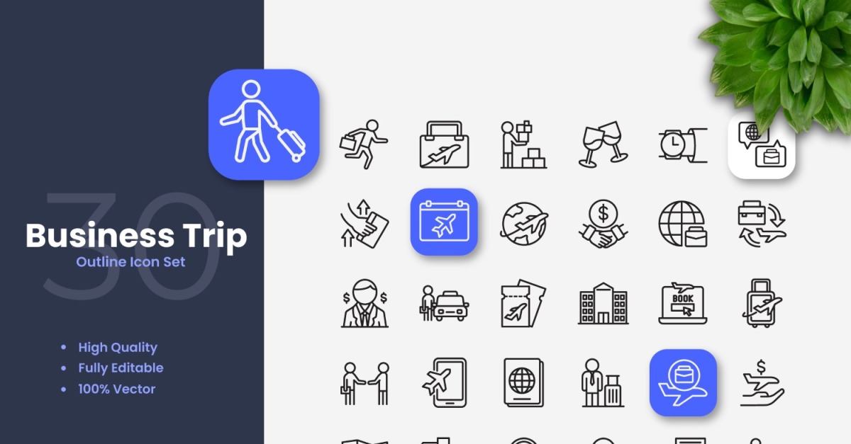 30 Business Trip Outline Icon Set #350360 - TemplateMonster