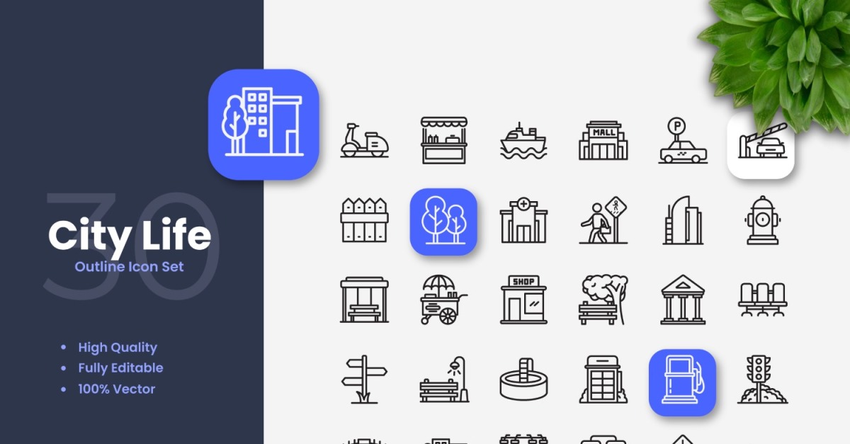 30 City Life Outline Icon Set #350367 - TemplateMonster