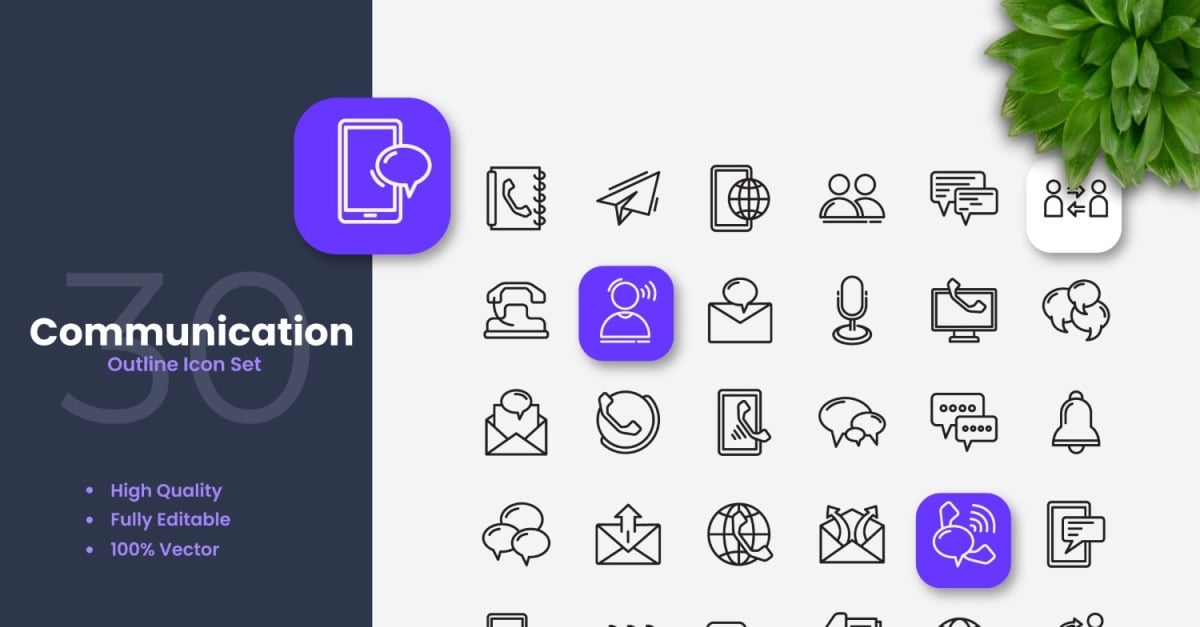 30 Communication Outline Icon Set #350373 - TemplateMonster