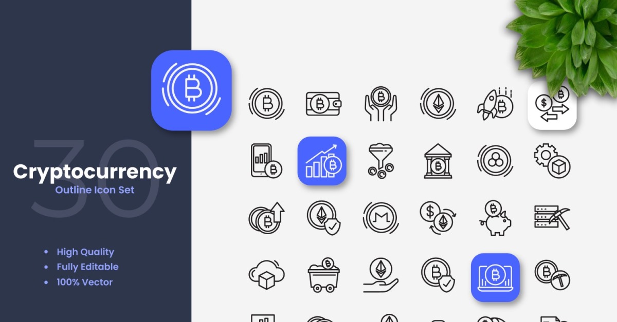 30 Cryptocurrency Outline Icon Set #350381 - TemplateMonster