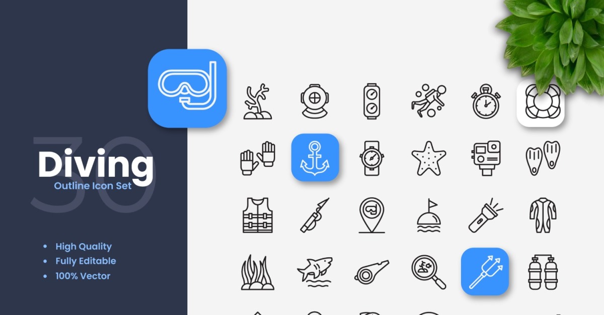 30 Diving Outline Icon Set #350392 - TemplateMonster
