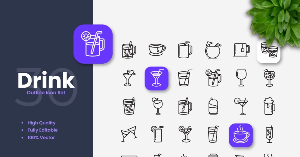 30 Set of Drink Outline Icon Collection - TemplateMonster