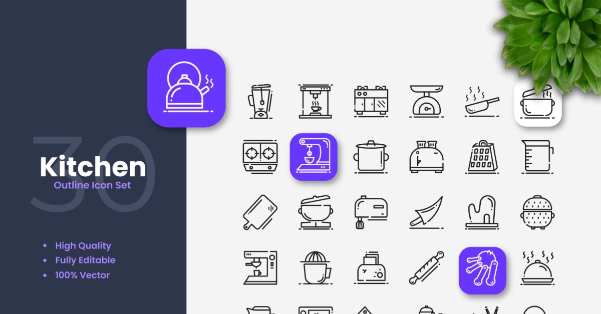 30 Kitchen Outline Icon Set #351085 - TemplateMonster