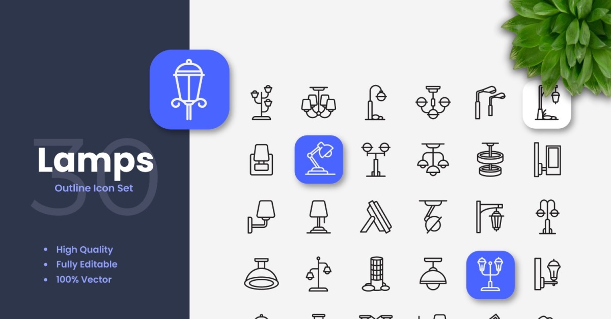 30 Lamps Outline Icon Set #351086 - TemplateMonster