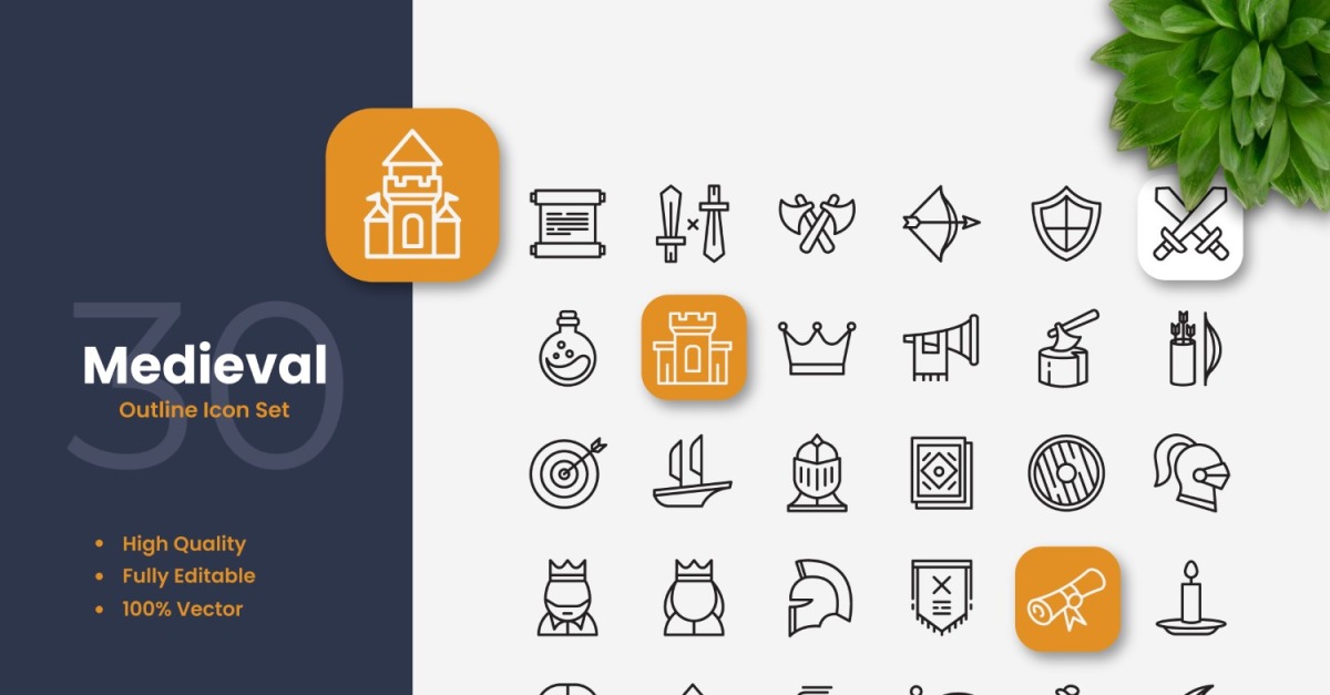 30 Medieval Outline Icon Set #351099 - TemplateMonster