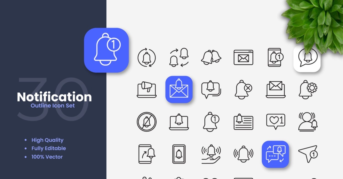 30 Notification Outline Icon Set #351115 - TemplateMonster