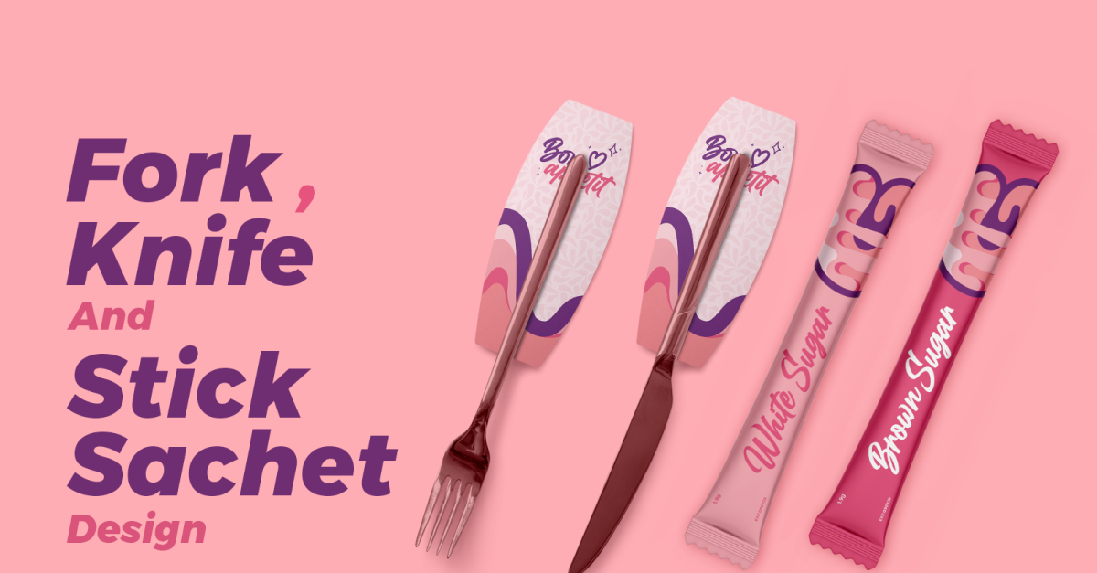 Colorful advertising design for a fork and knife and stick sachet