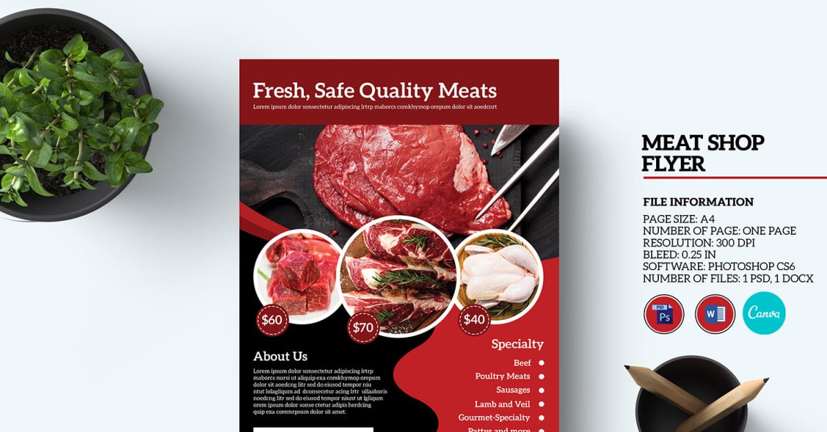 Meat Shop Flyer Template. Ms Word, Photoshop and Canva