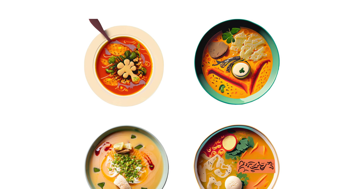 Set of four different soups in bowls isolated on white background.
