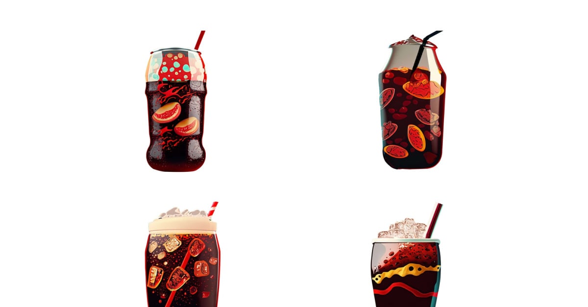 Set of vector illustrations of a glass of coca cola with a straw and ...