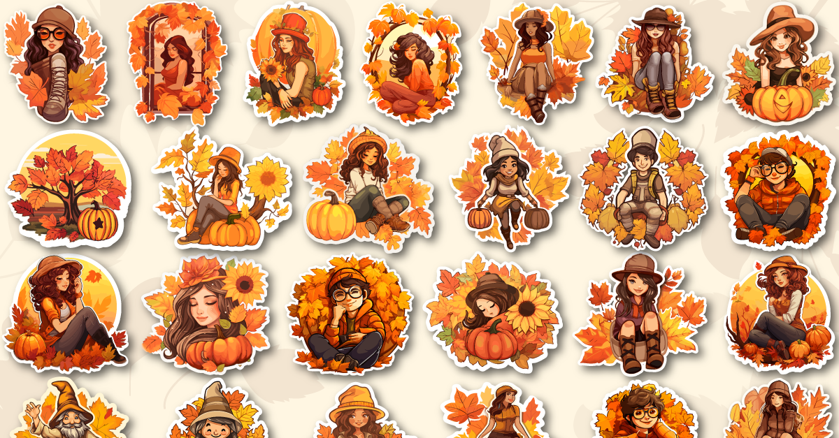 Fall Autumn Stickers Set With Cute Character