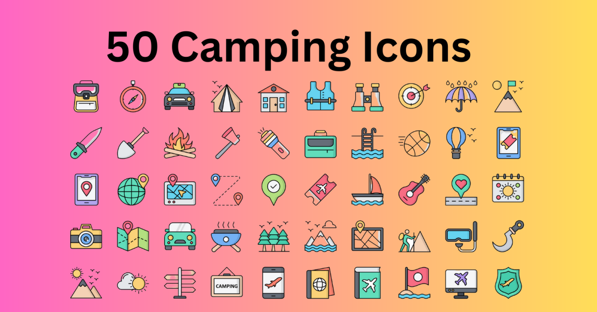 Conjunto de iconos de camping 50 iconos de color de línea: archivos SVG ...