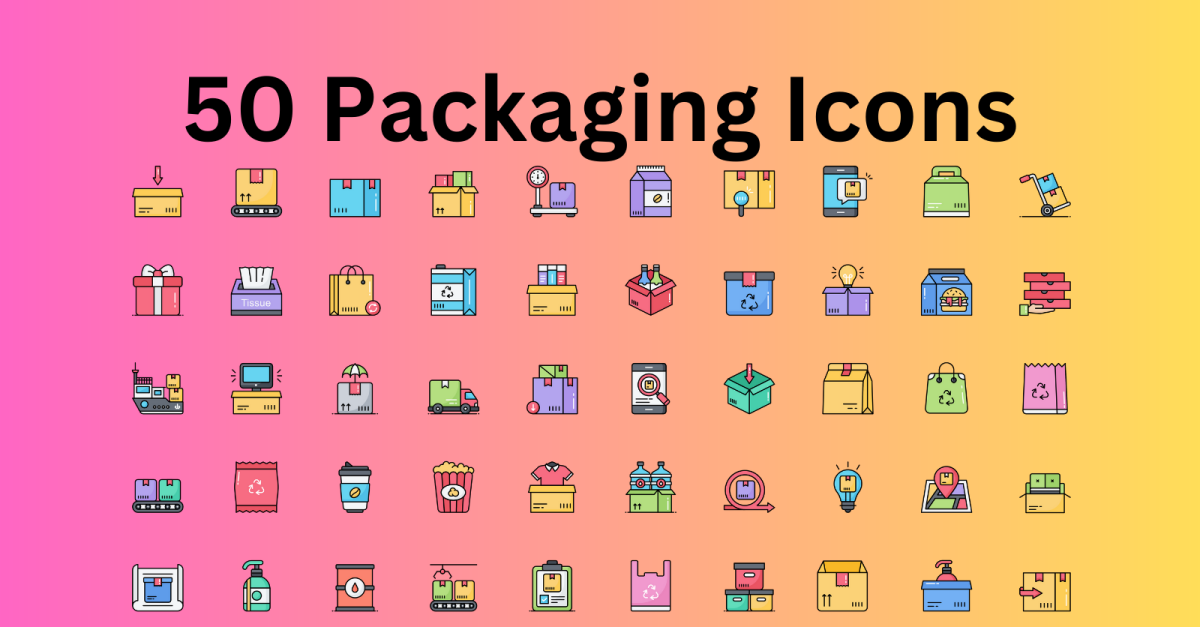 Conjunto de iconos de embalaje 50 iconos de color de línea: archivos ...