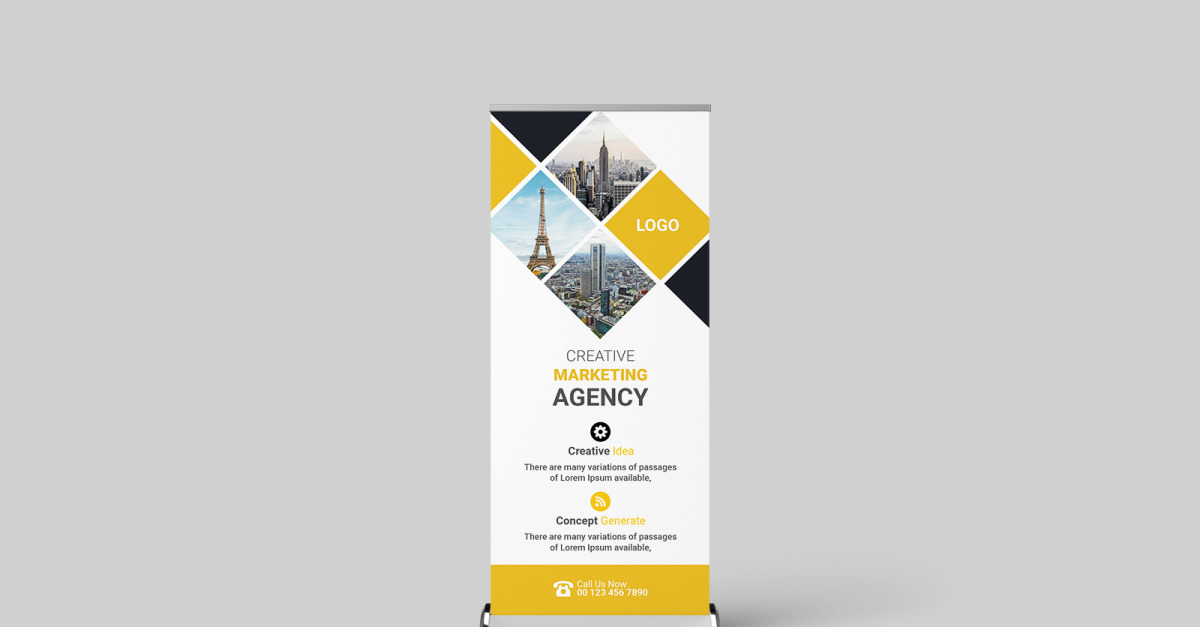 Creative Roll Up Banner Design With Black & Red Shapes