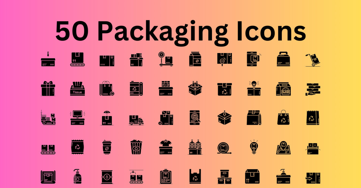 Packaging Icon Set 50 Glyph Icons - SVG And AI Files