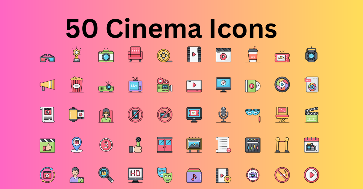Cinema Icon Set 50 Line Color Icons - SVG And AI Files
