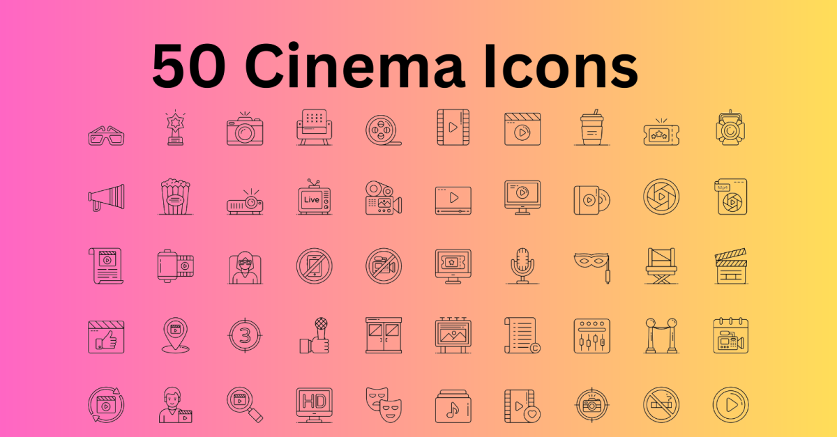 Conjunto de iconos de cine 50 iconos de contorno: archivos SVG y AI