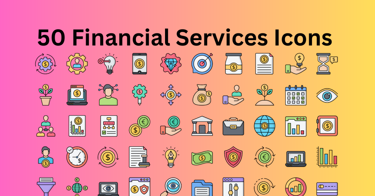 Ensemble d'icônes de services financiers 50 icônes de couleur de ligne - Fichiers SVG et AI
