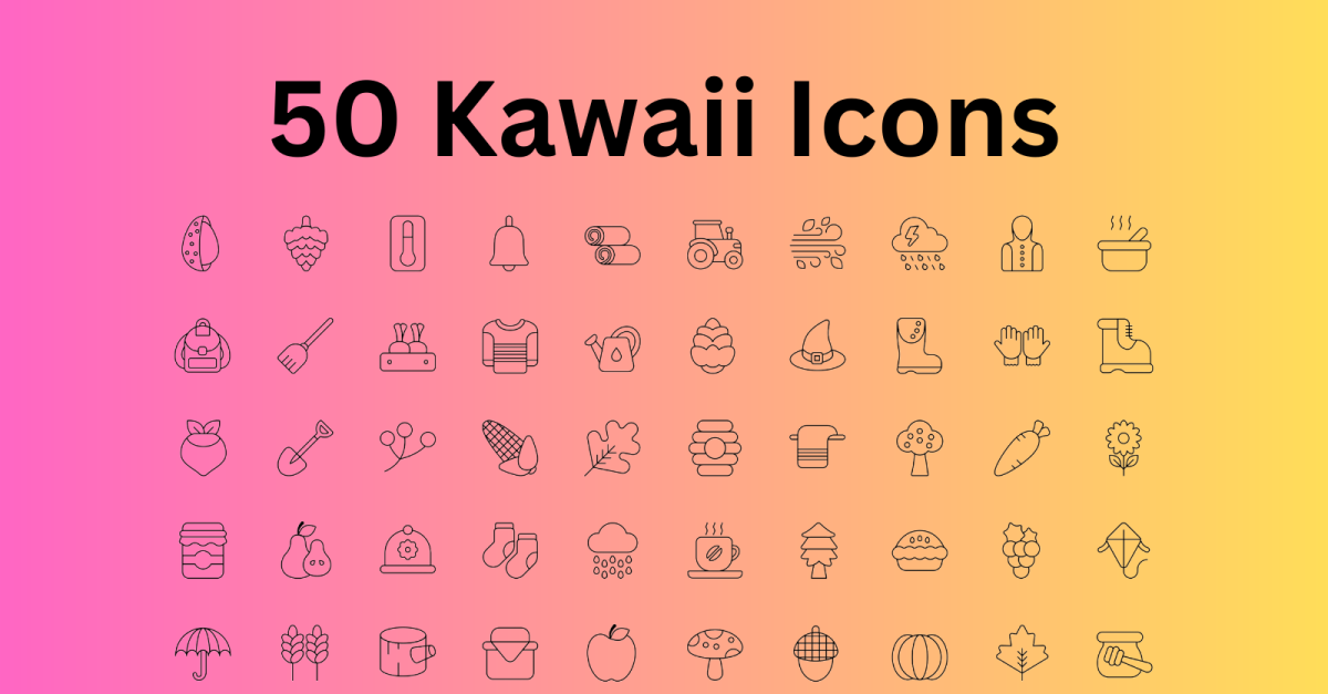 Kawaii Icon Set 50 Outline Icons - SVG And AI Files