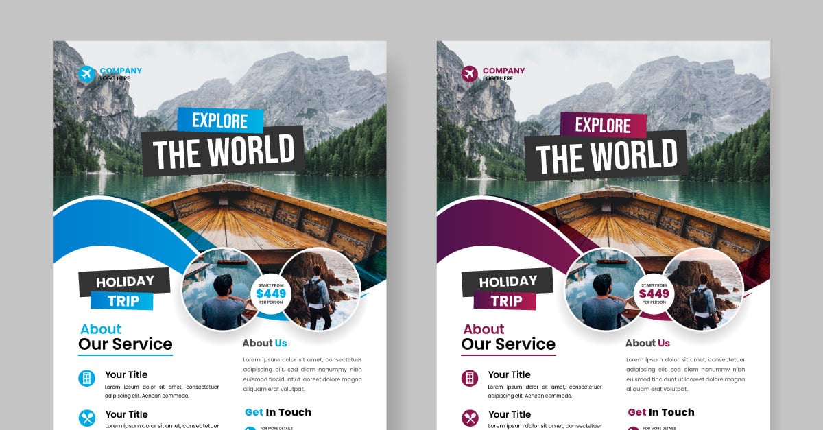 Travel flyer design template for travel agency with contact and venue ideas