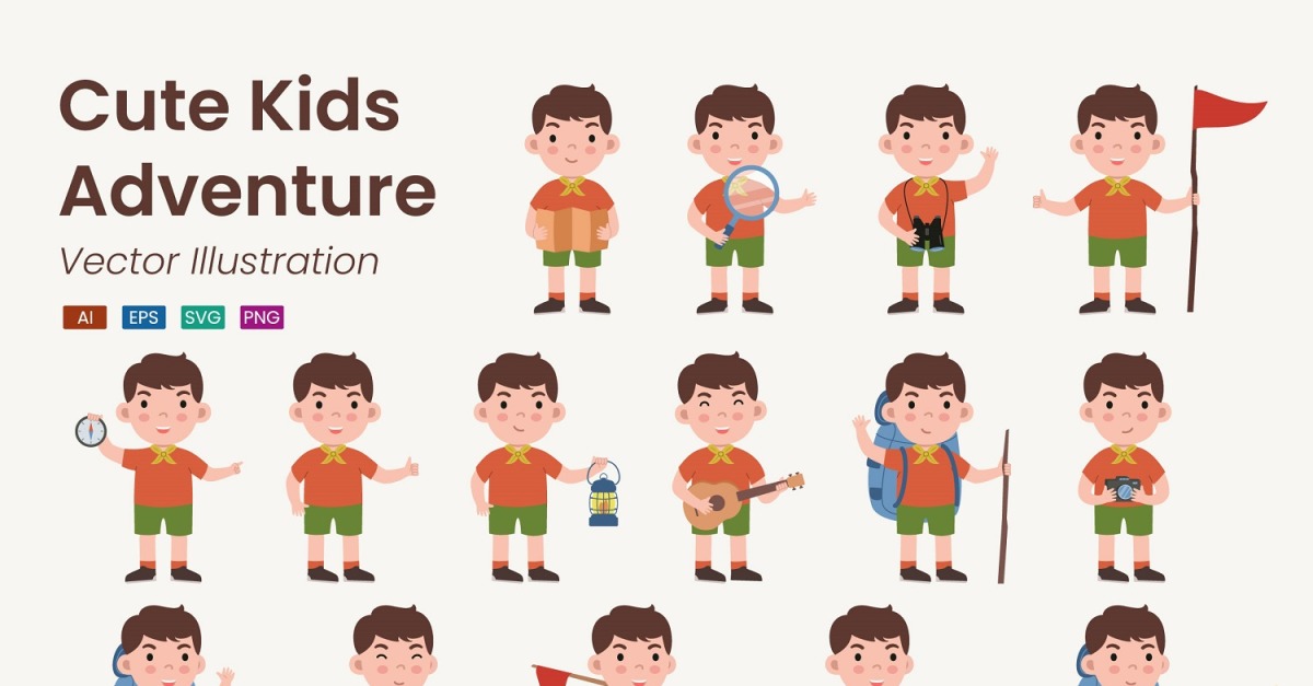 Cute Kids Adventure Illustration Set - TemplateMonster