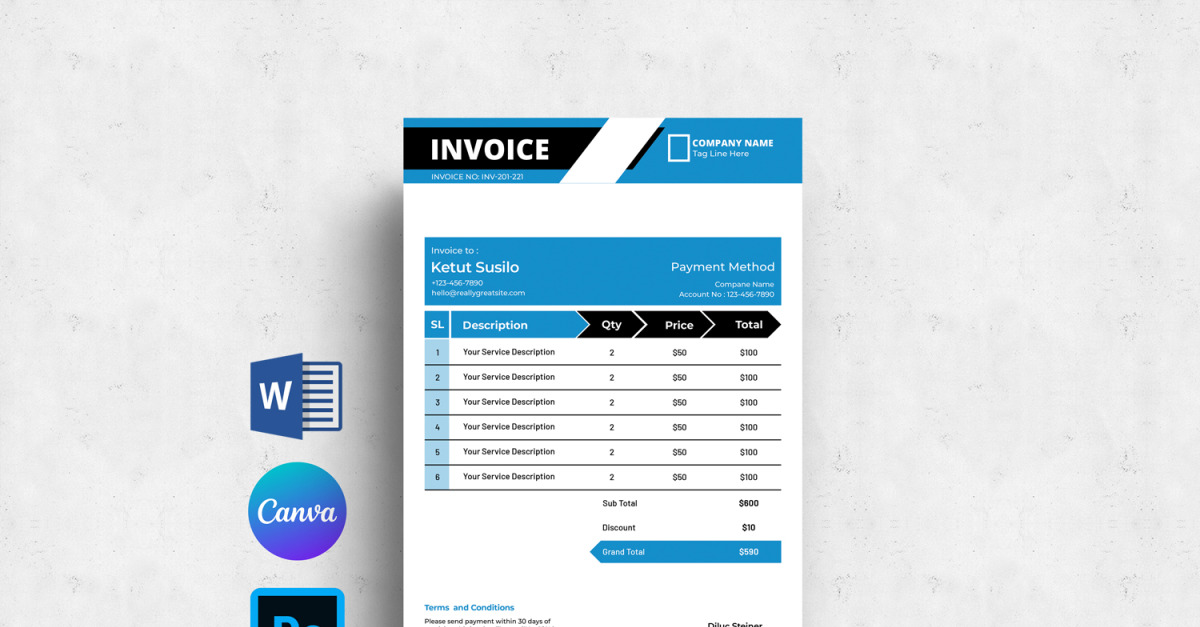 Invoice Template Layout. Ms Word, Photoshop and Canva