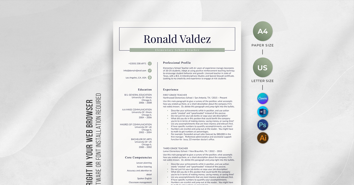Ronald Valdez Elementery School Teacher Resume Template