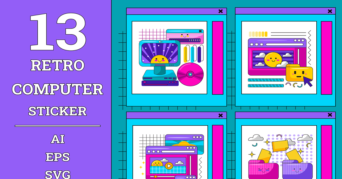 Retro Computer Sticker - Illustration - TemplateMonster