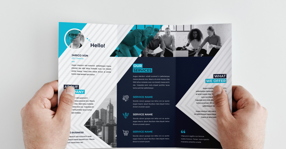 Modelo de folheto colorido e elegante com três dobras