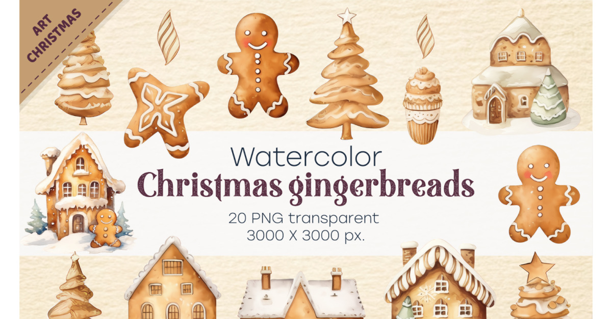 Watercolor Christmas gingerbreads. PNG, Clipart.
