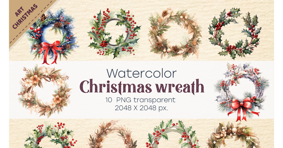 Watercolor Christmas wreath. PNG, Clipart. - TemplateMonster