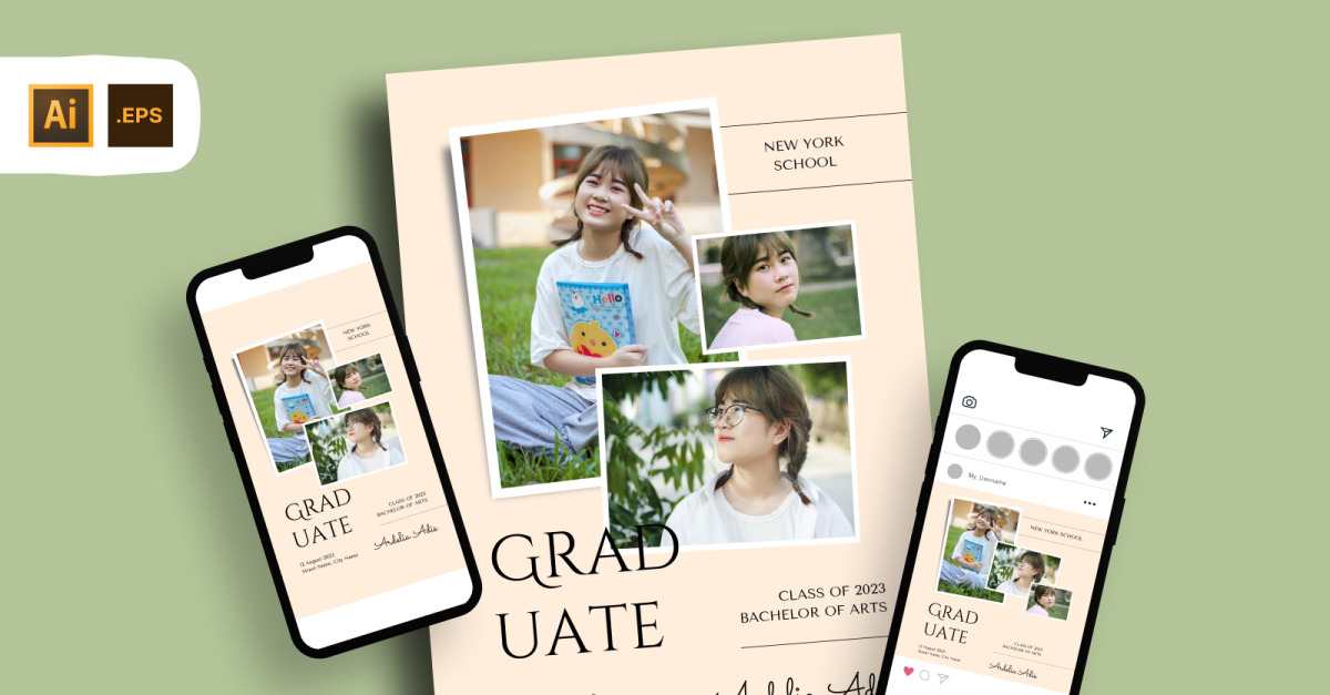 Beige Triple Photo Graduation Party Invitation - Flyer Template