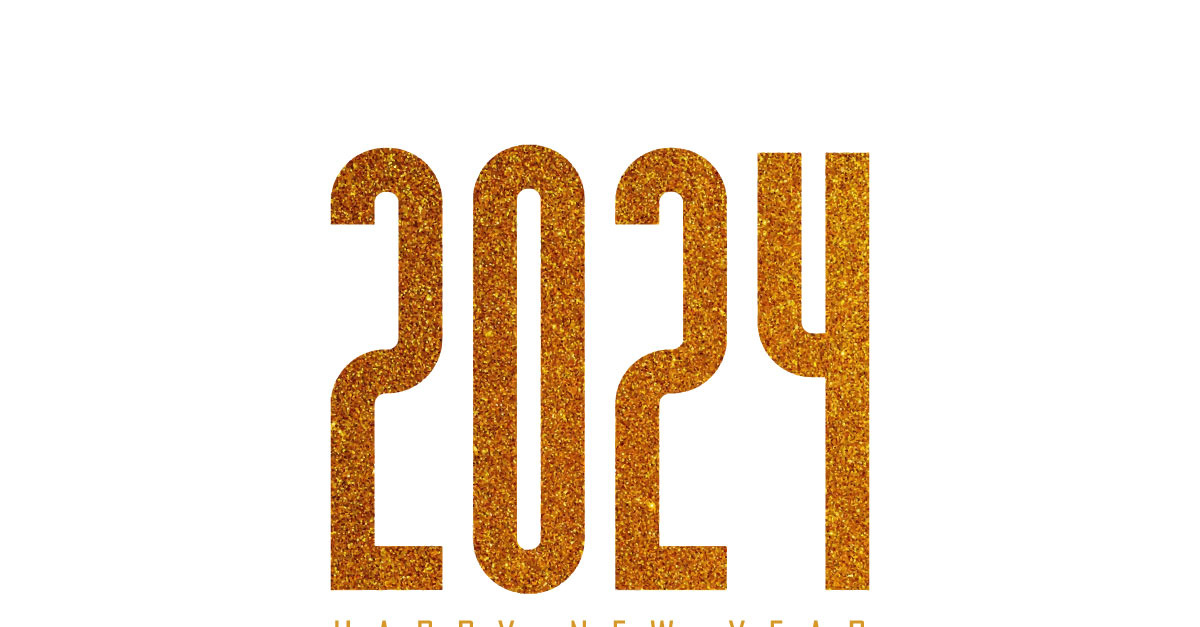 Golden 2024 New Year decorative lettering with gold confetti background