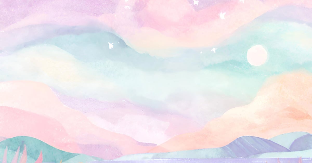Watercolor hand painted landscape with mountains, clouds and ocean