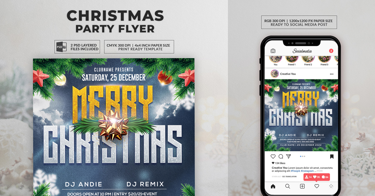 Merry Christmas Snow Party Flyer Template - TemplateMonster