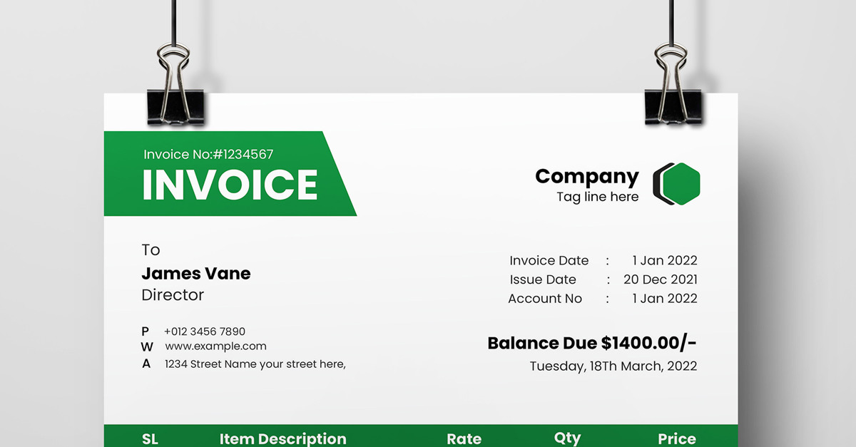 Green Invoice Template Layout #374948 - TemplateMonster