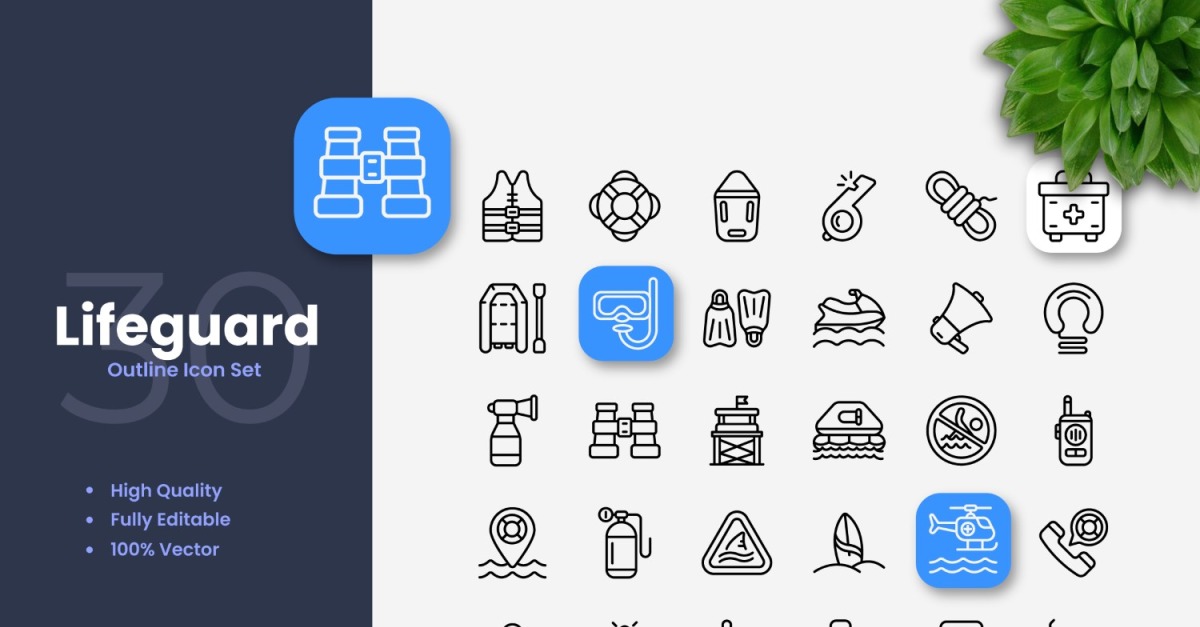 30 Lifeguard Outline Icons Set #376431 - TemplateMonster