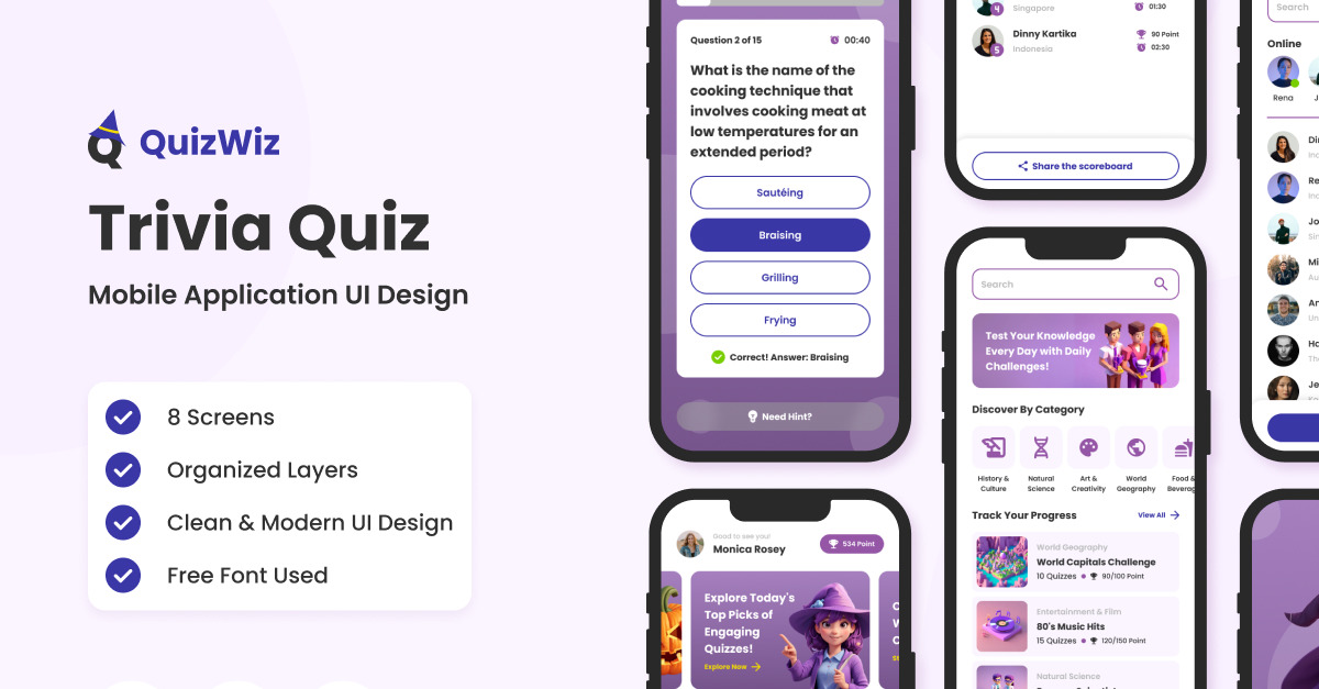 QuizWiz - Aplicación móvil Trivia Quiz - TemplateMonster