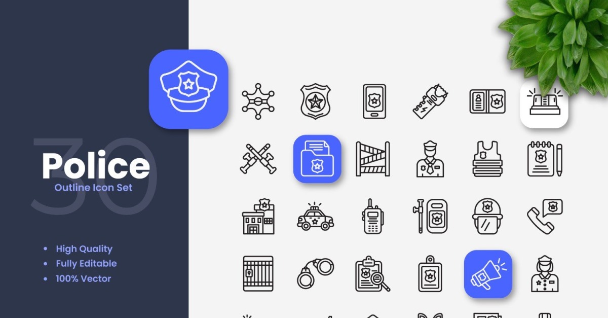 30 Police Outline Icons Set #376605 - TemplateMonster