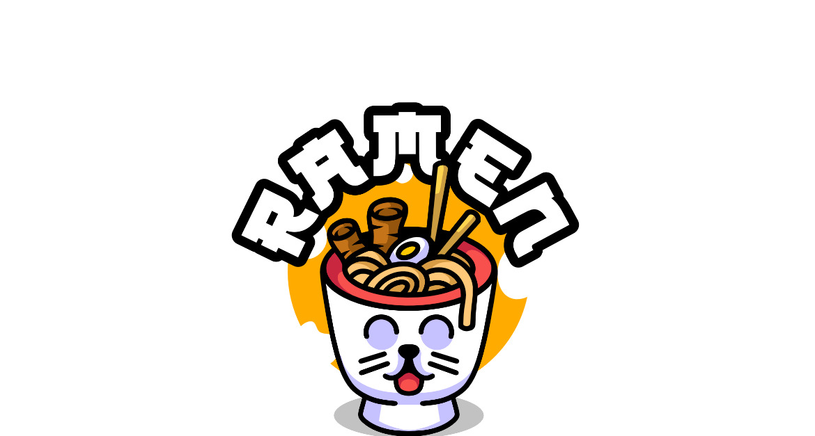 Şirin kedi ramen maskot çizgi film tasarımı illüstrasyonu