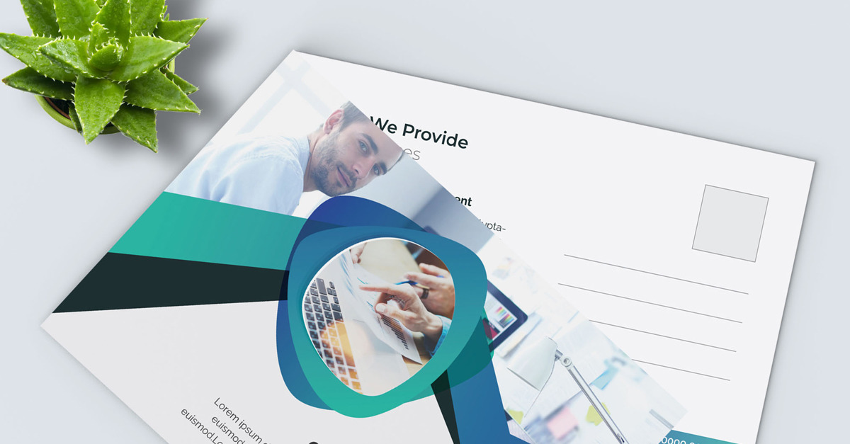 Layout de cartão postal com detalhes em azul