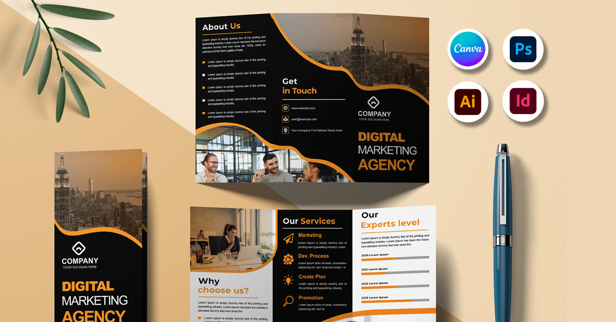 Vorlage für eine dreifach gefaltete Broschüre für digitales Marketing