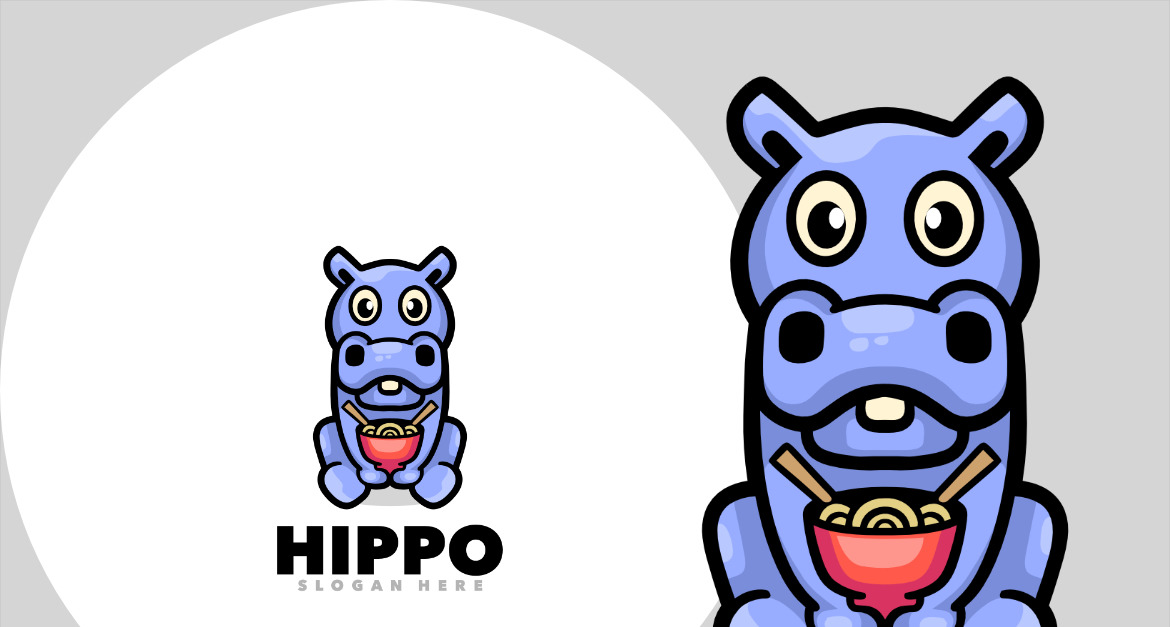 Şirin su aygırı maskot ramen logo tasarım şablonu