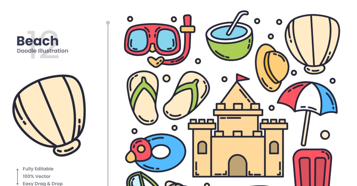 Conjunto de ilustración de Doodle de playa - TemplateMonster