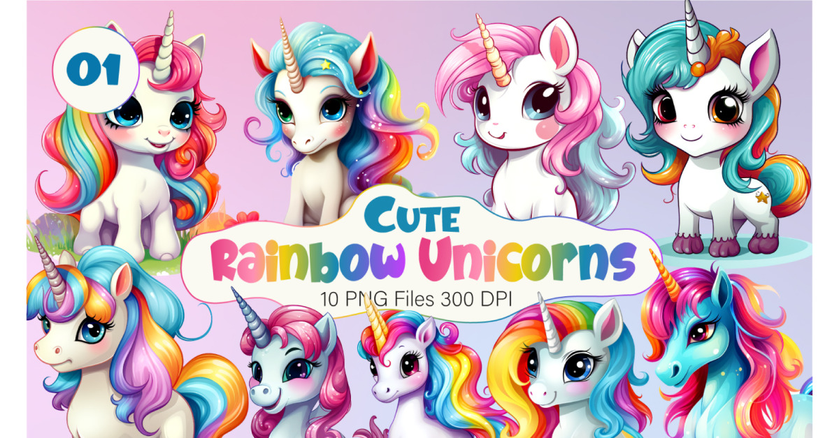 Lindos unicornios arcoiris 01. Paquete PNG. - TemplateMonster