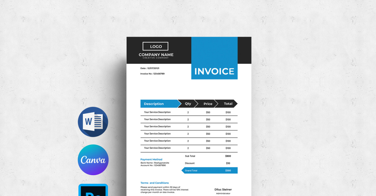 Modèle de facture Photoshop, Canva et Word polyvalent