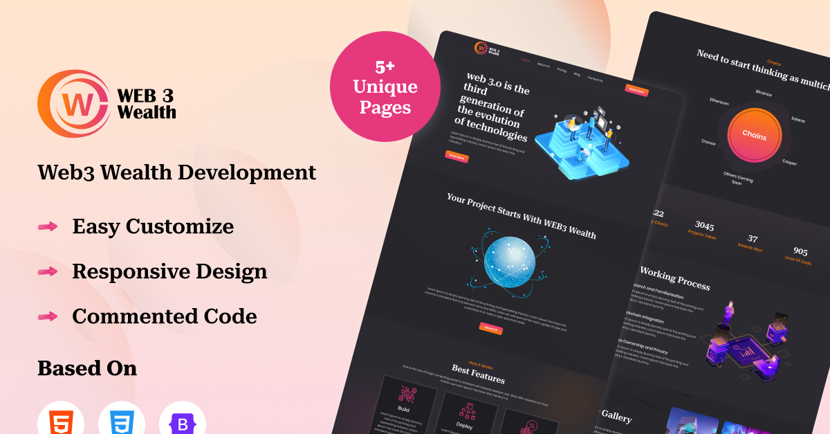 Web3 Wealth: plantilla de sitio web HTML Bootstrap del servicio de desarrollo Web3