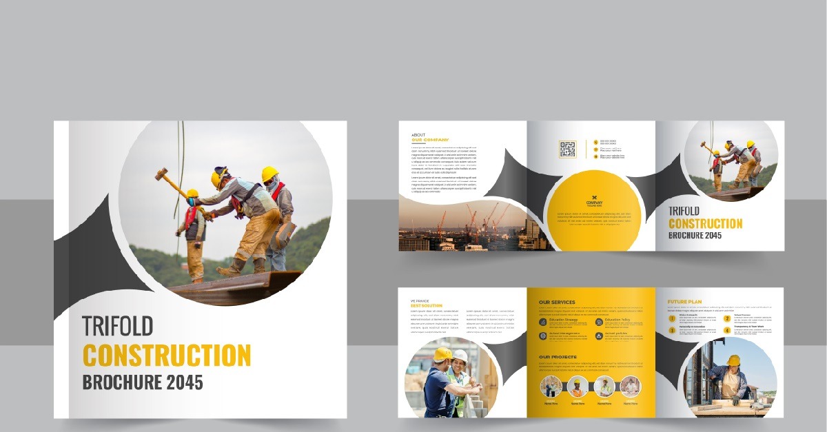 Construction and renovation square trifold brochure design layout