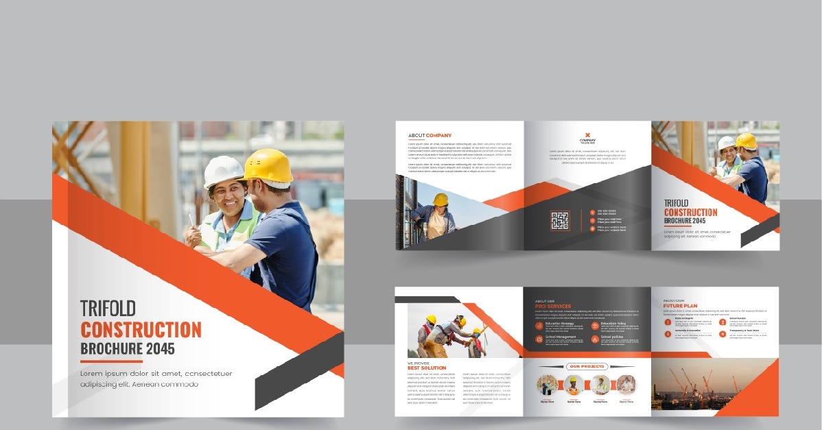 Construction and renovation square trifold brochure design template layout