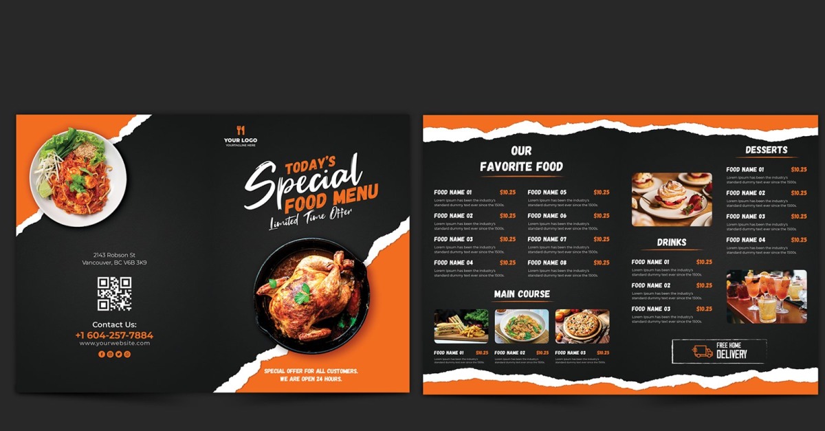 Food Menu And Restaurant Bifold Brochur Template
